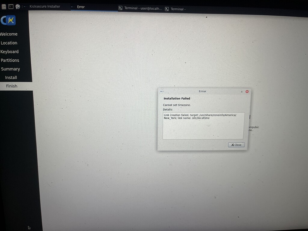Kicksecure installation: Cannot set timezone. link creation failed, target /usr/share/timezone ...